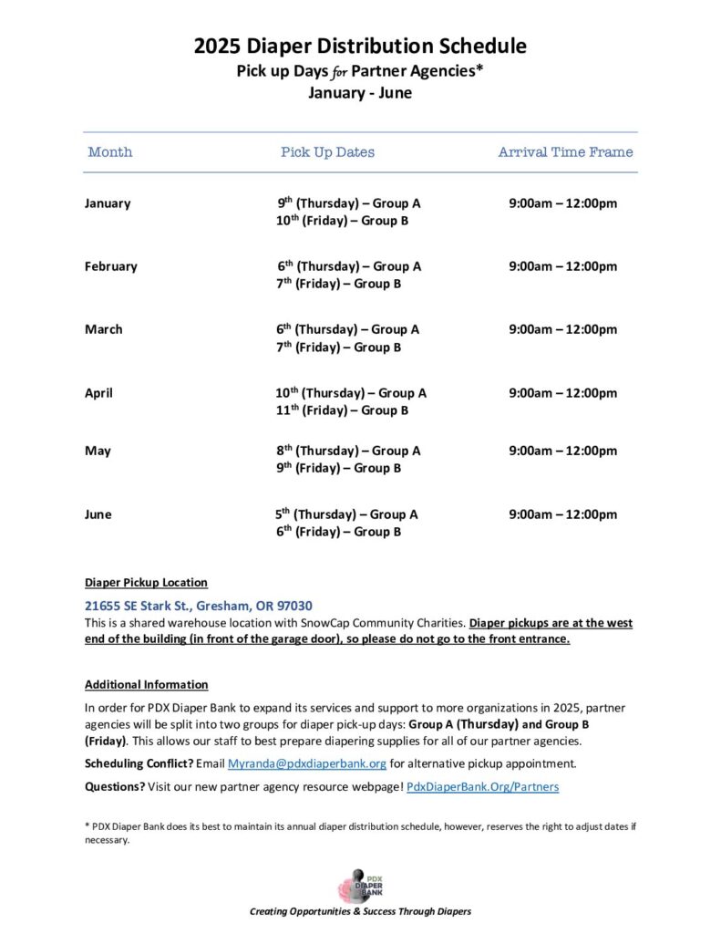 2025 Diaper Distribution Schedule (6 month) - PDX Diaper Bank